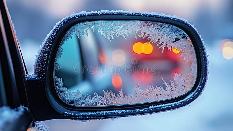 Dramatic Close Up of Car Side Mirror Covered in Frost, Reflecting ...