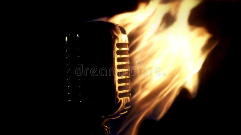 Dramatic Close-up of a Classic Retro Microphone on Fire with Slow ...