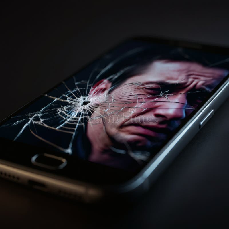 Dramatic Close Up of Cracked Smartphone Screen with Emotional Face ...