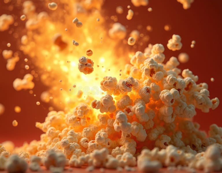 Dramatic Close-up Exploding Popcorn. Vibrant Orange Lighting Creates ...