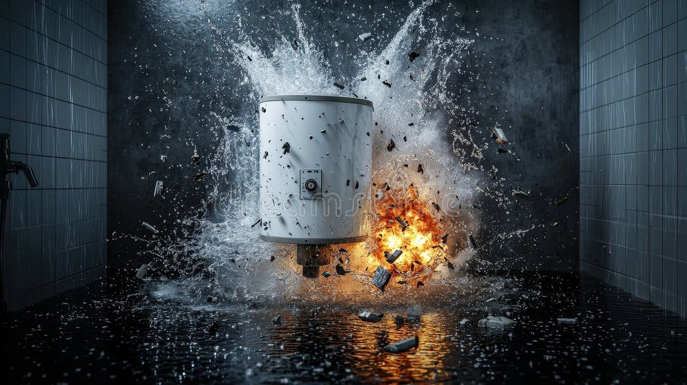 Dramatic Close-up of Explosive Water Heater Malfunction in Industrial ...