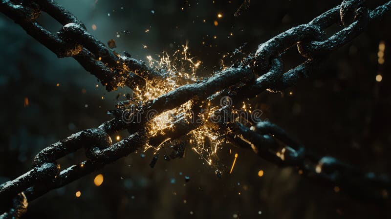 Dramatic Close-up of Heavy Iron Chain Snapping in Mid-air, Sparks ...