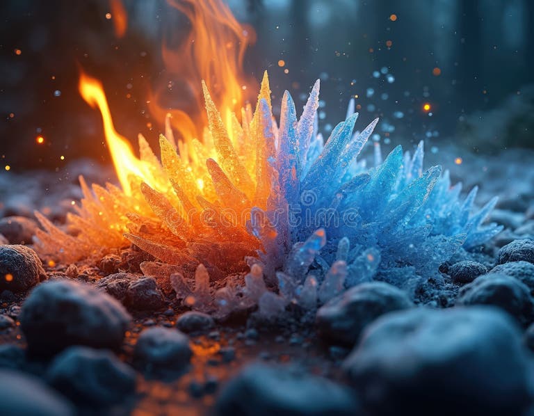 Dramatic Close-up of Ice Crystals Merging with Vibrant Flames. Abstract ...