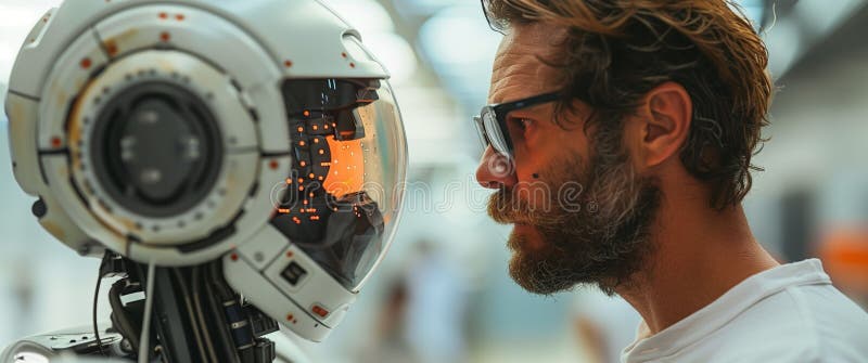 Intense Face-Off between Young Man and Futuristic Robot Stock ...