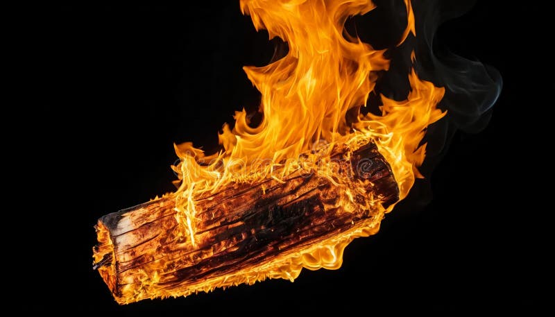 Burning Log with Intense Flames Against a Black Background Stock ...