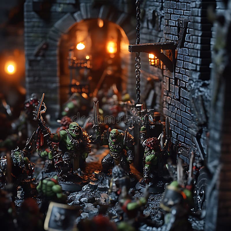 Fantasy Orc Army Miniature Figures in a Stone Dungeon Setting Stock ...