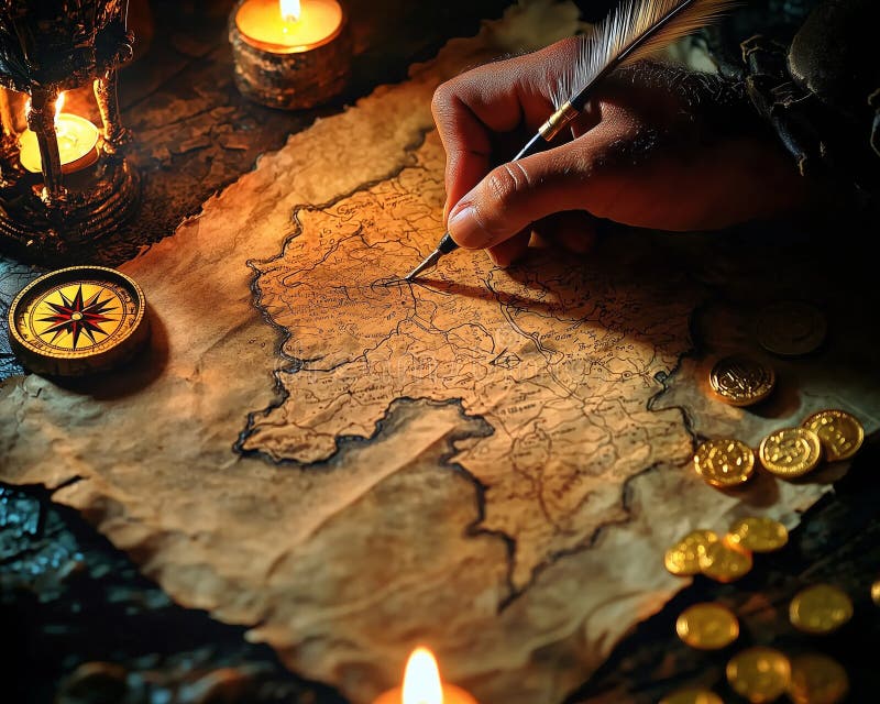 Pirate Hand Drawing Ancient Treasure Map with Feather Quill and ...