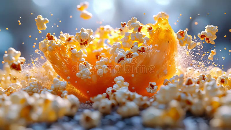 A Dramatic Close-up of Popcorn Exploding with Vibrant Orange Lighting ...