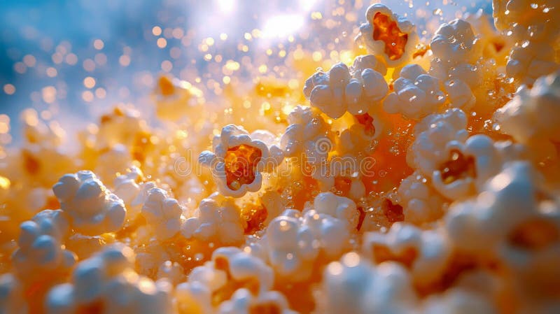 A Dramatic Close-up of Popcorn Exploding with Vibrant Orange Lighting ...