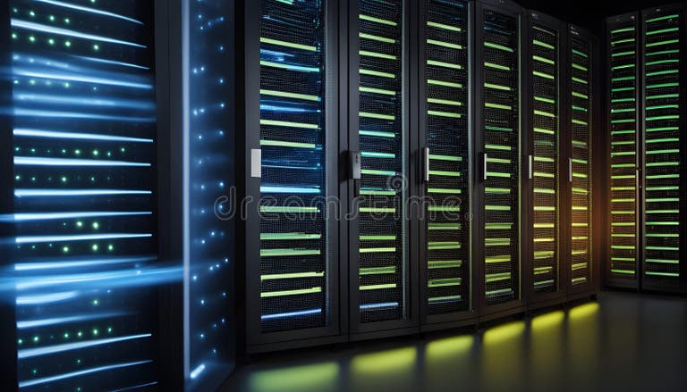 A Dramatic, Close-up Shot of a Server Rack with Rows of Servers ...
