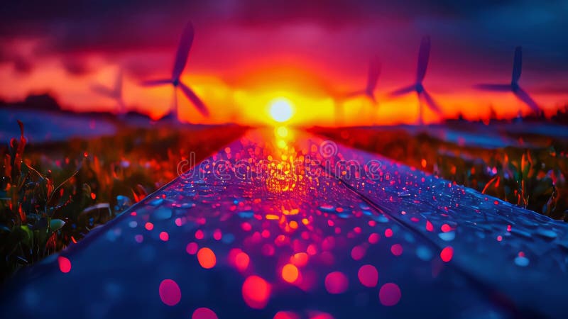 A Dramatic Close-up of Solar Panels and Wind Turbines at Sunset ...