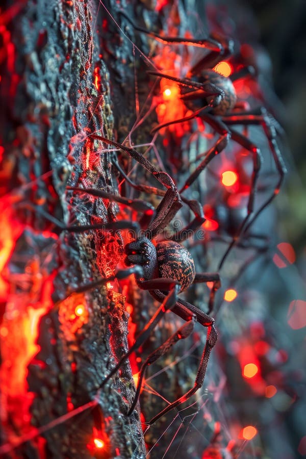 Dramatic Close Up of Spiders Crawling on a Tree with Red Glowing Light ...
