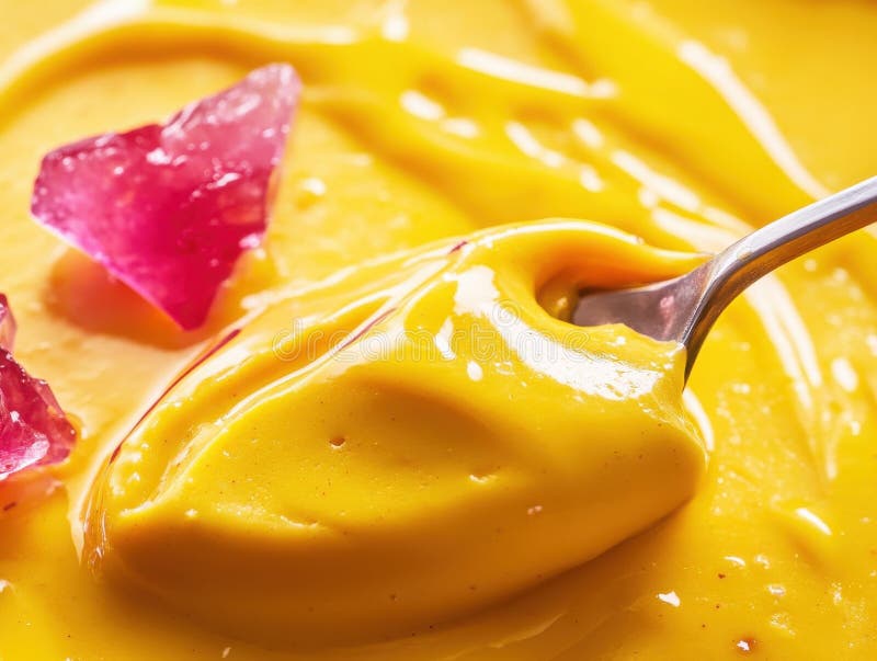 A Dramatic Close-up of a Spoon Lifting through the Silky Mango Mousse ...