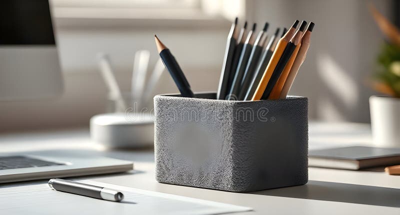 Dramatic Close-Up of Textured Desk Organizer with Stationery in a ...