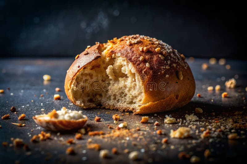 Dramatic CloseUp of a Broken Bun with Crumbs in LowLight a Stunning ...