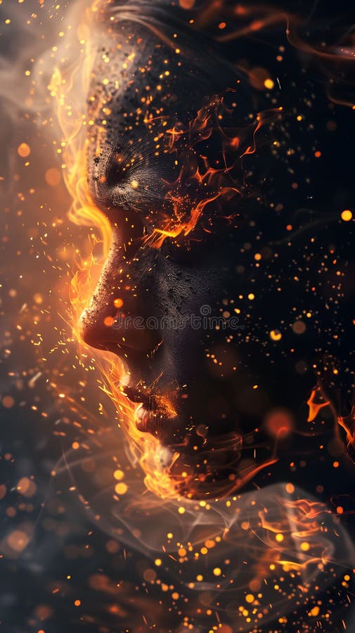 A Close Up of a Person S Face with Fire Coming Out of it Stock Image ...