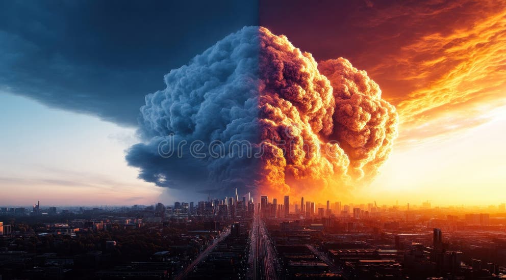 Dramatic Cloud Formation Splitting a City Skyline with Contrasting Warm ...