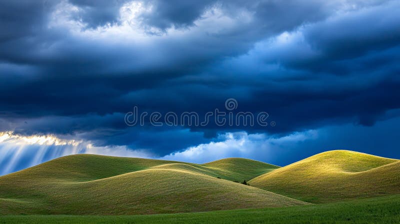 Dramatic Clouds Cast Shadows Over Rolling Green Hills with Sunbeams ...