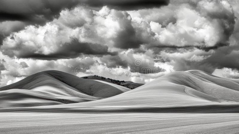 Dramatic Clouds Cast Shadows Over Rolling Hills in a Monochrome ...