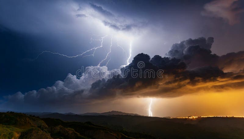 Dramatic Clouds at Night with Lightning and Thunder. Stormy Weather ...