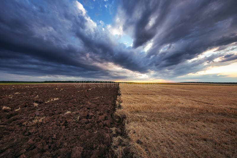 Dramatic Clouds Over the Field after Harvest Stock Image - Image of ...