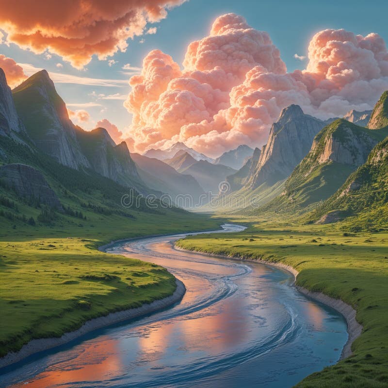 Dramatic Clouds Over a Serene Valley River Stock Illustration ...