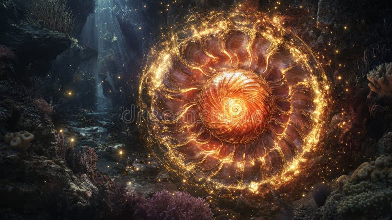 Dramatic Clouds and Sparkling Gold Envelop an Abstract Nautilus Shell ...