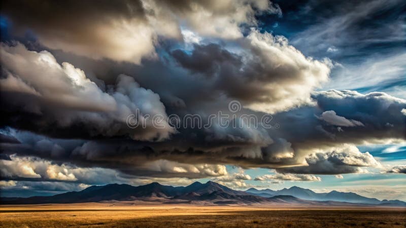 Dramatic Cloudscape Over a Vast, Flat Plain and Distant Mountains ...