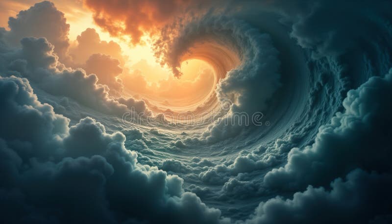 Dramatic Cloudscape Swirling Like Gigantic Wave. Sun Shines through ...
