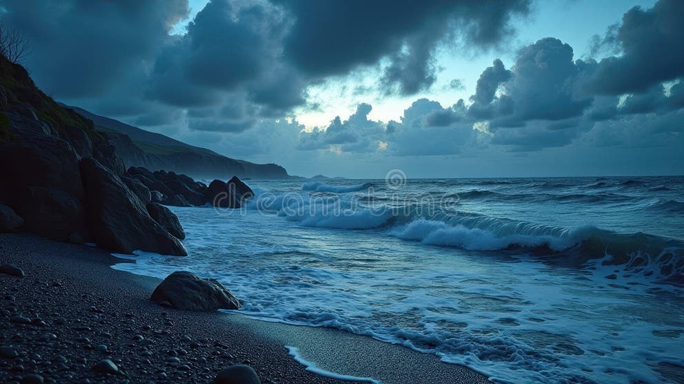 Dramatic Cloudy Seascape at Dusk with Rocky Shoreline and Rolling Waves ...