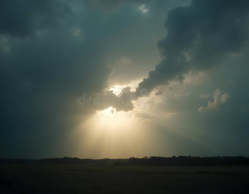 Dramatic Cloudy Sky with Bright Sun Rays Shining through Over Fields Stock Illustration ...