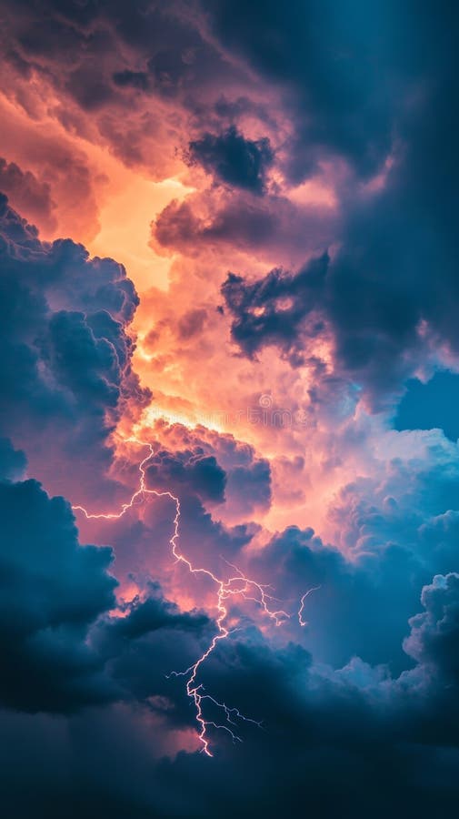 Dramatic Cloudy Sky with Lightning Bolt at Sunset Stock Photo - Image ...