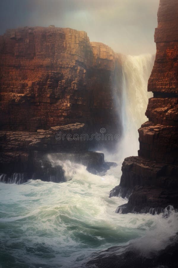 Dramatic Coastal Cliff with Crashing Ocean Waves Stock Illustration ...