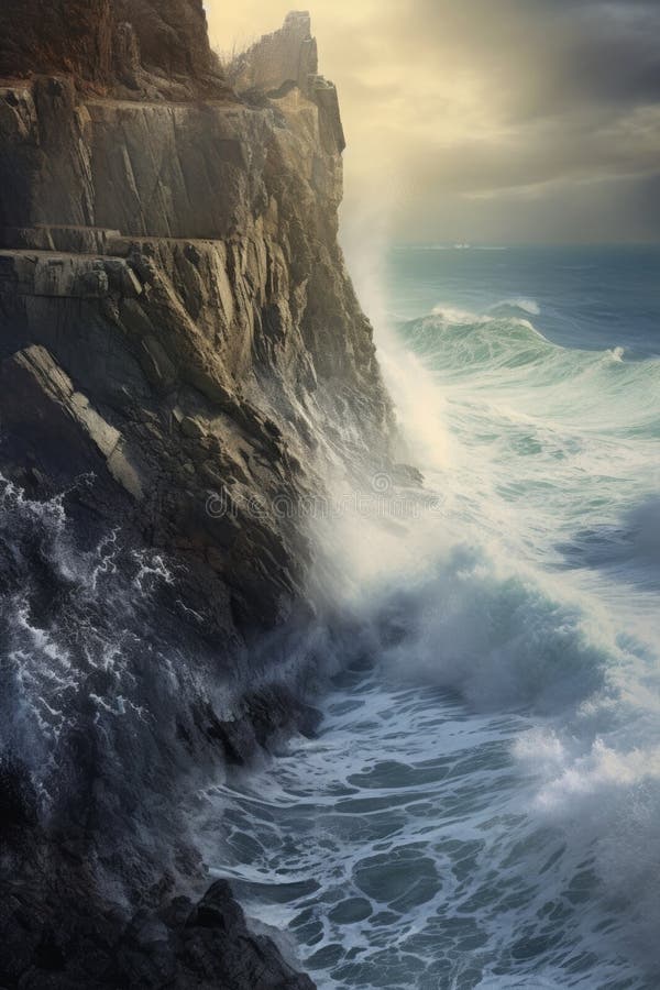 Dramatic Coastal Cliff with Crashing Ocean Waves Stock Illustration ...