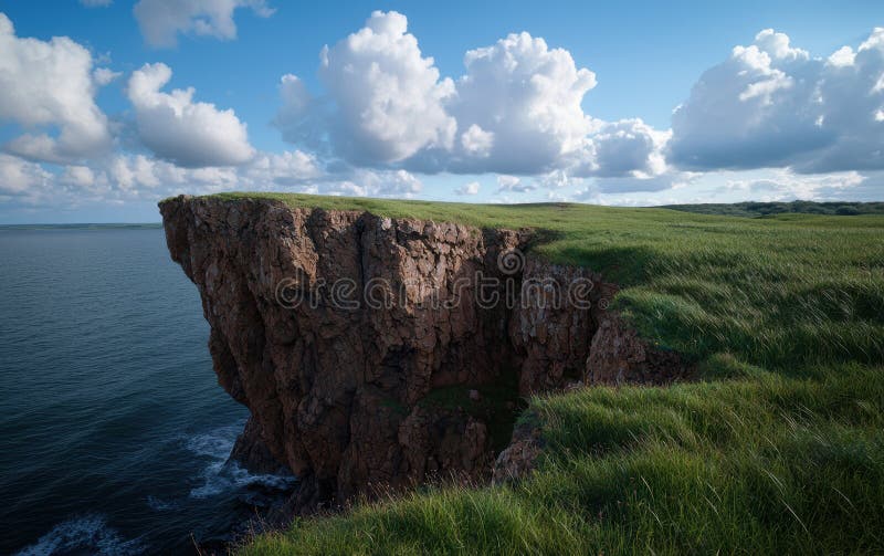 Dramatic Coastal Cliff with Grassy Top Overlooking the Ocean Under a ...