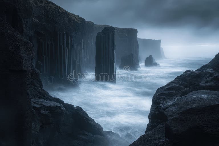 Dramatic Coastal Cliffs with Basalt Columns. Stock Illustration ...