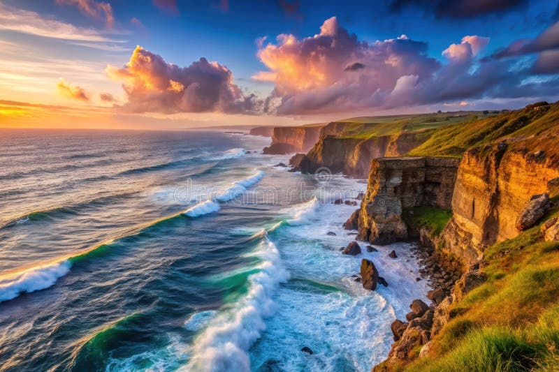 Dramatic Coastal Cliffs Basking in the Golden Hues of a Vibrant Sunset ...