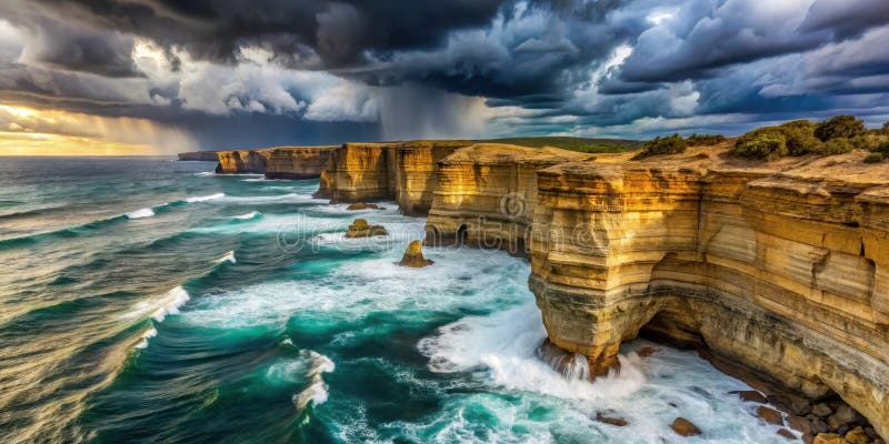 Dramatic Coastal Cliffs Basking in Golden Sunset Light Under a Stormy ...