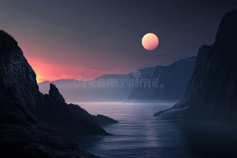 Dramatic Coastal Cliffs and Beautiful Sunset Over the Sea with Moon in ...