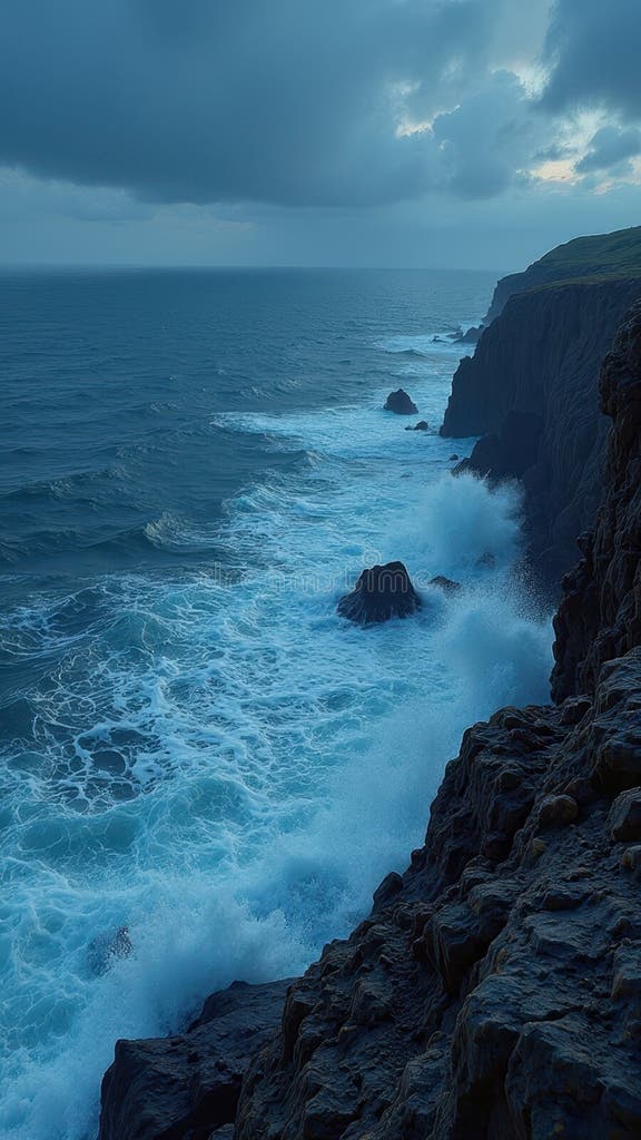 Dramatic Coastal Cliffs and Crashing Ocean Waves at Twilight Stock ...