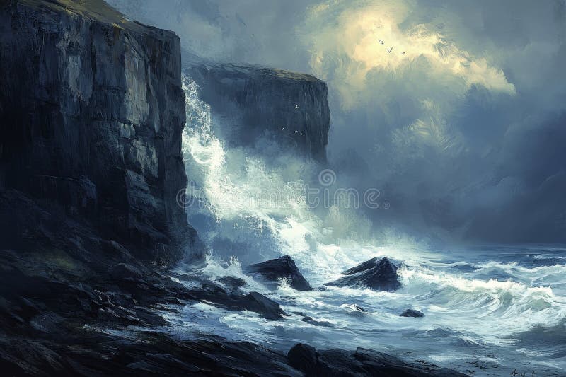 Dramatic Coastal Cliffs with Crashing Waves and Stormy Sky a Rugged ...