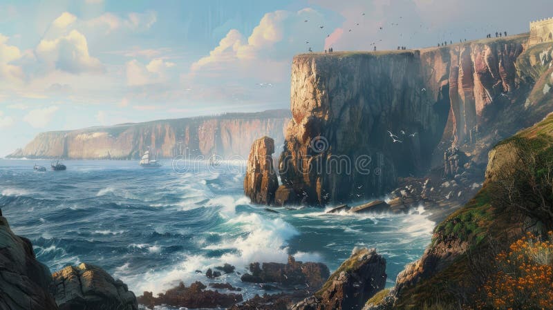 Dramatic Coastal Cliffs with Fishermen and Endless Ocean Horizon ...