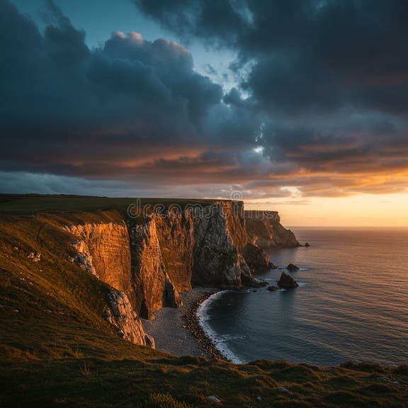 Dramatic Coastal Cliffs Illuminated by the Warm Hues of a Setting Sun ...