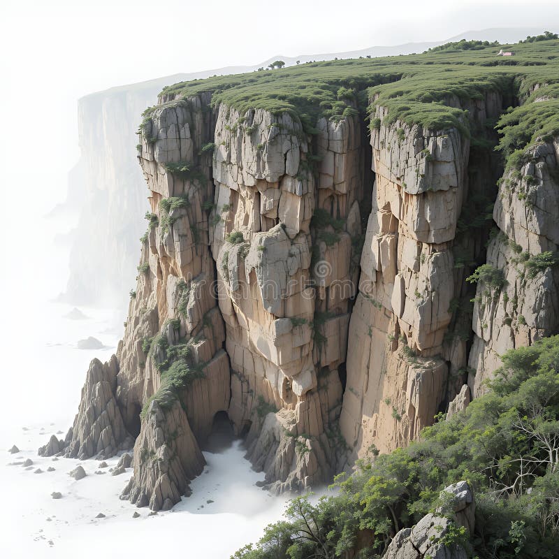 Dramatic Coastal Cliffs in Misty Morning Light Stock Illustration ...