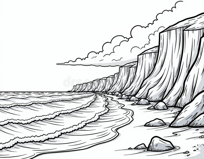 Dramatic Coastal Cliffs and Ocean Waves Line Drawing Illustration Stock ...