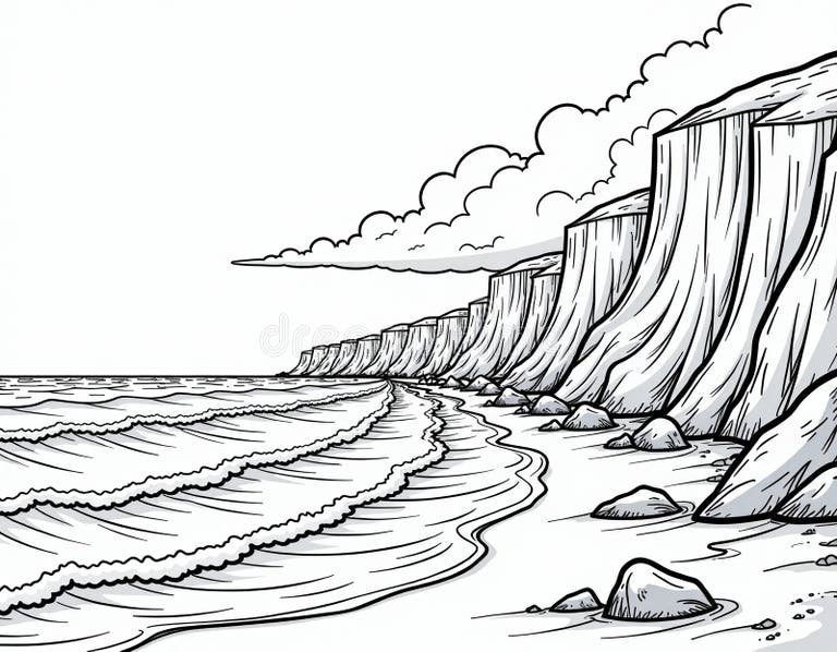 Dramatic Coastal Cliffs and Ocean Waves Line Drawing Illustration Stock ...
