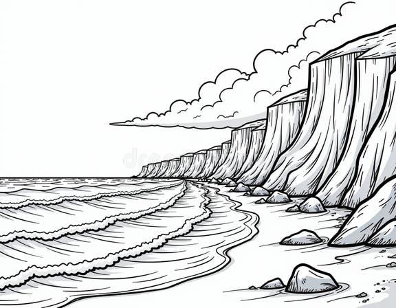 Dramatic Coastal Cliffs and Ocean Waves Line Drawing Illustration Stock ...