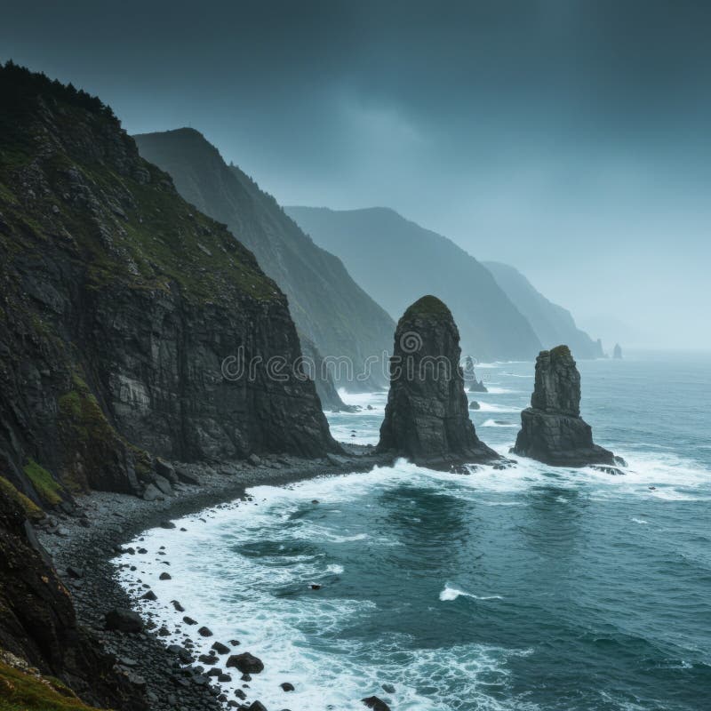 Dramatic Coastal Cliffs and Ocean Waves Under a Stormy Sky Stock ...