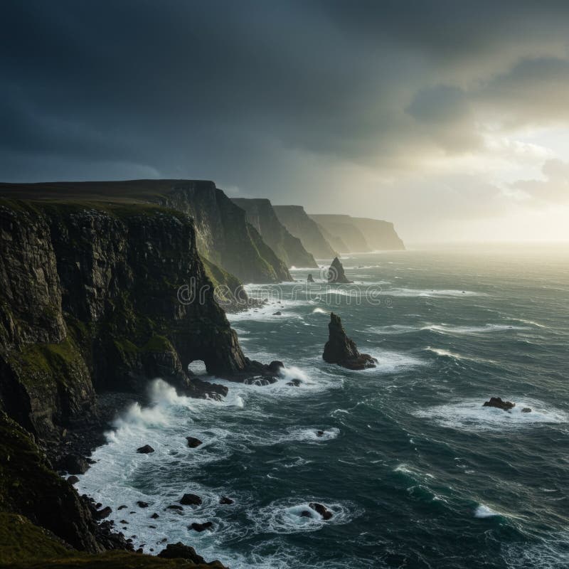Dramatic Coastal Cliffs and Stormy Sea Stock Illustration ...