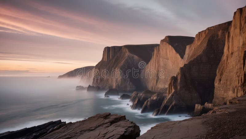 Dramatic Coastal Cliffs at Sunset with Cloudy Sky. Stock Photo - Image ...